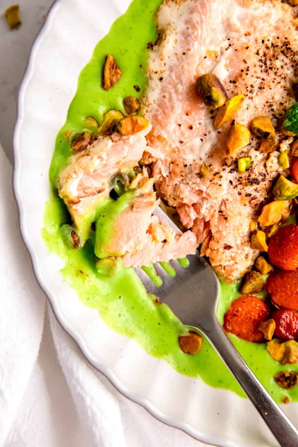 One-Pan Salmon Dinner With Mint Pea Purée | Confessions of a Grocery Addict