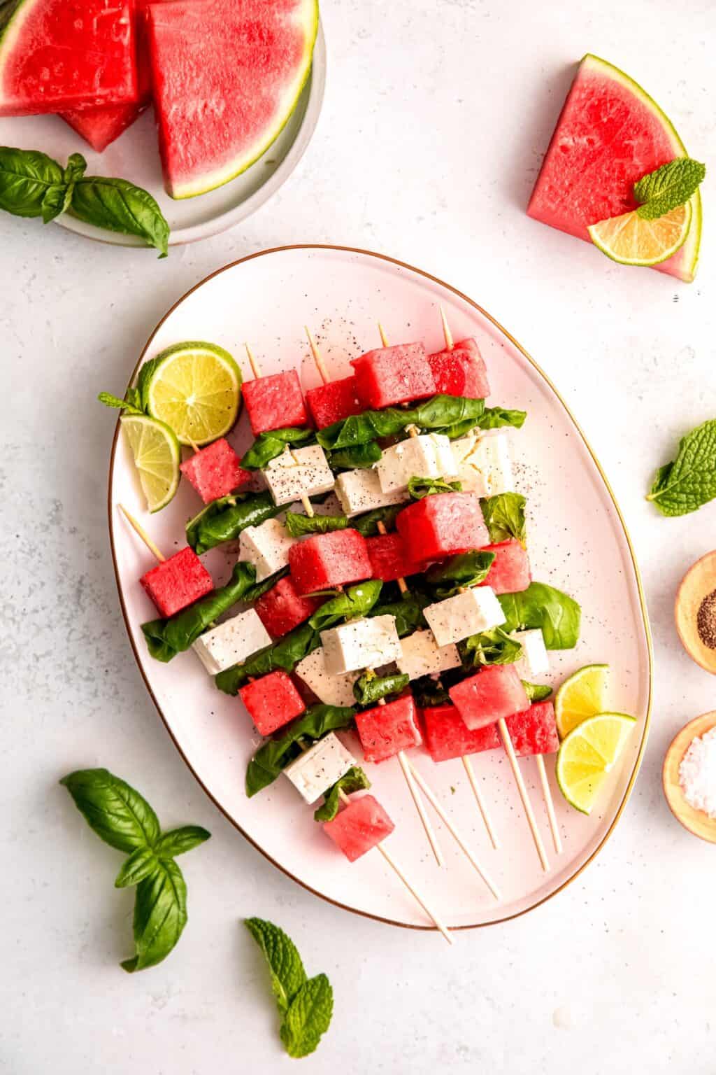 Easy Watermelon Skewers With Feta, Mint, & Basil